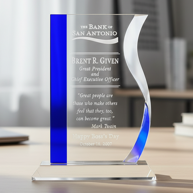 Clear crystal wave award trophy with blue accent from Atlanta's leading ...
