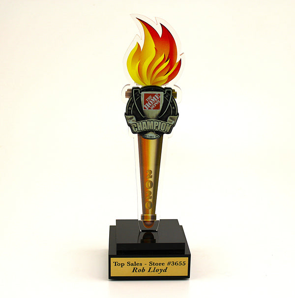 ACRYLIC CHAMPIONS TROPHY / MULTI LAYER OLYMPIC STYLE TORCH ON BASE / A