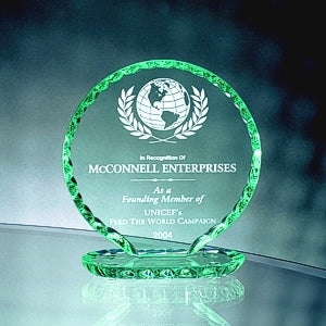 Jade crystal pearl edge circle trophy award by Specialty Engraving